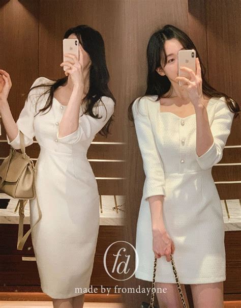 프롬데이원 Made퍼퓸 하트스퀘어넥 진주 트위드원피스미니미디ver하객룩