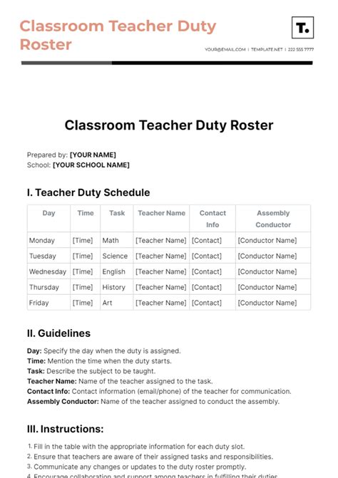 Free Classroom Teacher Duty Roster Template To Edit Online