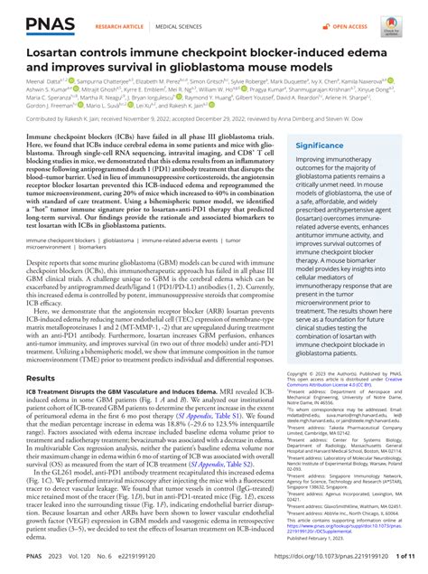 Pdf Losartan Controls Immune Checkpoint Blocker Induced Edema And Improves Survival In