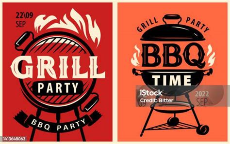 Bbq 요리 전단지 또는 포스터 템플릿 디자인 세트 바베큐 시간 그릴 파티 음식 개념 복고풍 벡터 일러스트 레이 션 바베큐그릴에 대한 스톡 벡터 아트 및 기타 이미지