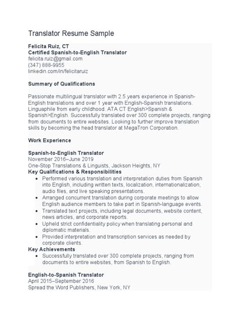 Online Translator Resume Sample Pdf Translations Cognitive Science