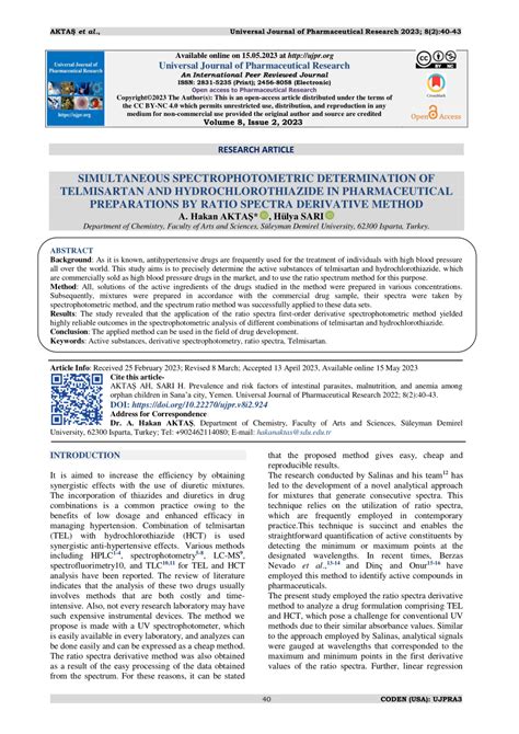 Pdf Simultaneous Spectrophotometric Determination Of Telmisartan And Hydrochlorothiazide In