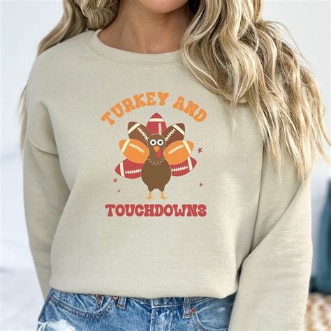 Turkey And Touchdowns Retro Font Crewneck Thanksgiving Day Sweatshirt