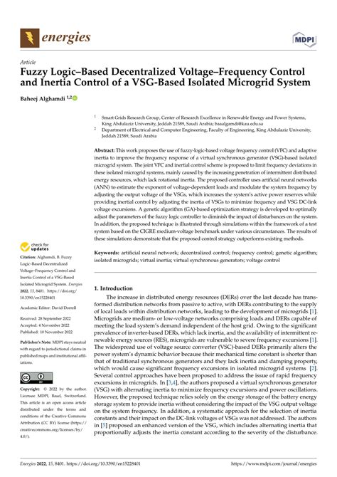 Pdf Fuzzy Logicbased Decentralized Voltagefrequency Control And Inertia Control Of A Vsg