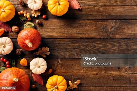 행복한 추수 감사절 배경입니다 호박 단풍 열매 호두 나무 테이블에 도토리가 있는 가을 프레임 플랫 레이 평면도 복사 공간 0명에 대한 스톡 사진 및 기타 이미지 Istock