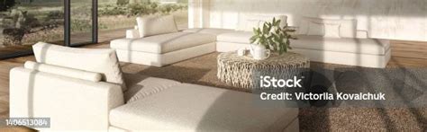 현대적인 인테리어 디자인 오픈 스페이스 거실 대형 창문과 자연 전망 집 야외 테라스 3d 렌더 일러스트 거실에 대한 스톡 사진