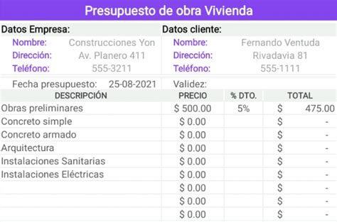 Plantilla Excel Presupuesto De Construcci N De Vivienda