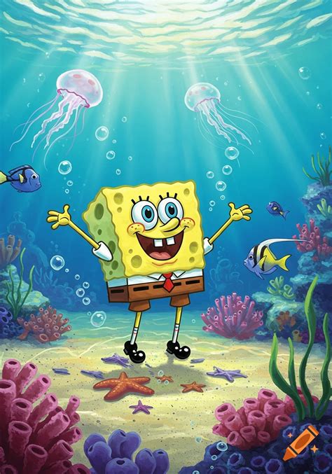Spongebob Squarepants Smiles Waving In An Underwater Scene With