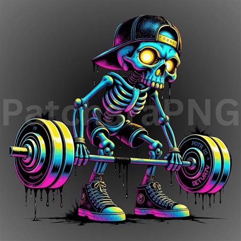 Skeleton Gym Png Neon Graffiti Skull Lifting Weights Sublimation