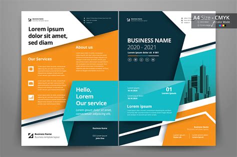 브로셔 전단지 서식 파일 레이아웃 배경 디자인입니다 소책자 전단지 기업 비즈니스 연례 보고서 레이아웃 오렌지 블루 청록 형상 및