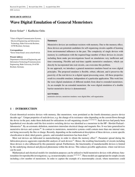 Pdf Wave Digital Emulation Of General Memristors