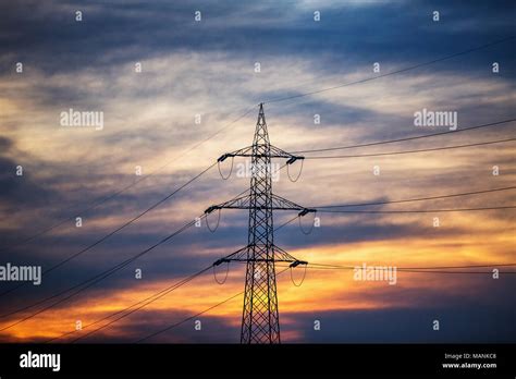 Line Of An Electricity Transmission Of A High Voltage High Voltage Columns With Wires Stock