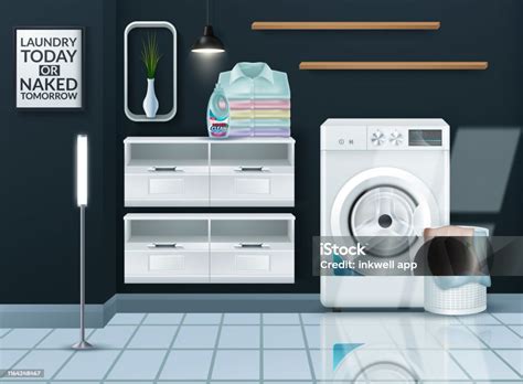 빈 세탁실 벡터 일러스트에서 현대 세탁기와 현실적인 배경 가구에 대한 스톡 벡터 아트 및 기타 이미지 가구 가사 집안일 가정 생활 Istock