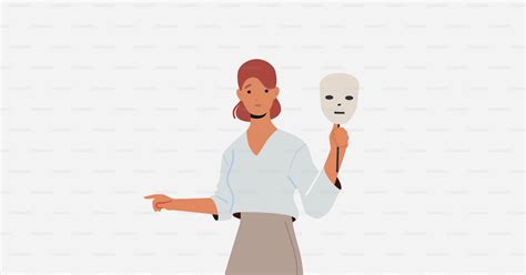 가짜 감정 가면 증후군 위선 개념 슬픈 여성 캐릭터는 가면 아래 실제 감정을 숨깁니다 사회적 규범과 공동체의 압력으로 인해 감정을 숨기는 여성 만화 벡터