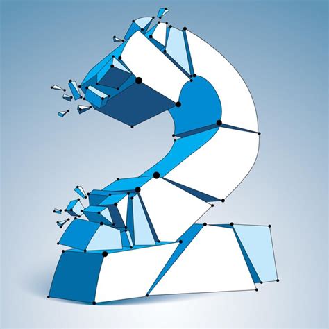 3d 벡터 디지털 와이어프레임 파란색 숫자 2는 다른 입자로 나뉘고 선 메쉬가 있는 기하학적 다각형 계산입니다 낮은 폴리 부서진 활자 격자 요소 프리미엄 벡터