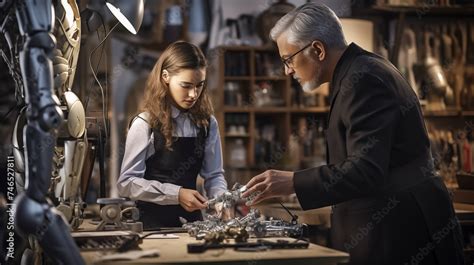 Chief Female Engineer And Top Male Scientist Work On A Bionics Exoskeleton Prototype In