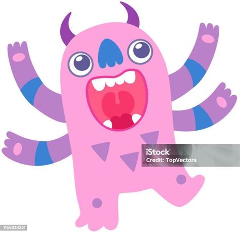 큰 입 재미 있는 외계인 만화 캐릭터 환상적인 생물 벡터 일러스트와 함께 귀여운 분홍색 Toothy 괴물 귀여운에 대한 스톡