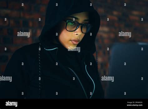 Hacker Woman In Dark Room With Laptop And Information Technology