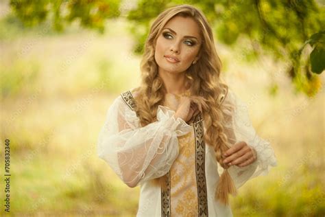 Beautiful Young Russian Girl With White Hair In The National Russian