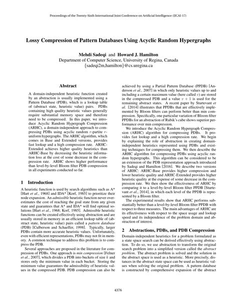 Pdf Lossy Compression Of Pattern Databases Using Acyclic Random Hypergraphs