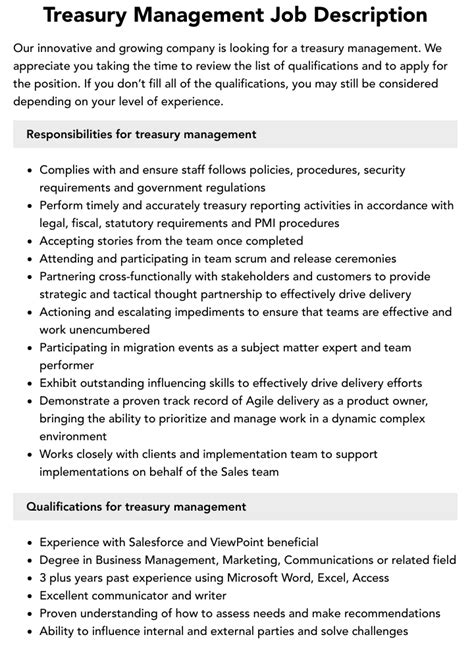Treasury Management Job Description Velvet Jobs