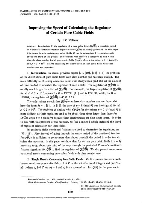 Pdf Improving The Speed Of Calculating The Regulator Of Certain Pure Cubic Fields