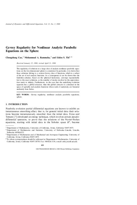 Pdf Gevrey Regularity For Nonlinear Analytic Parabolic Equations On