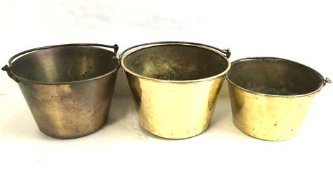 Lot 3 Vintage Brass Pails W Wrought Iron Handles
