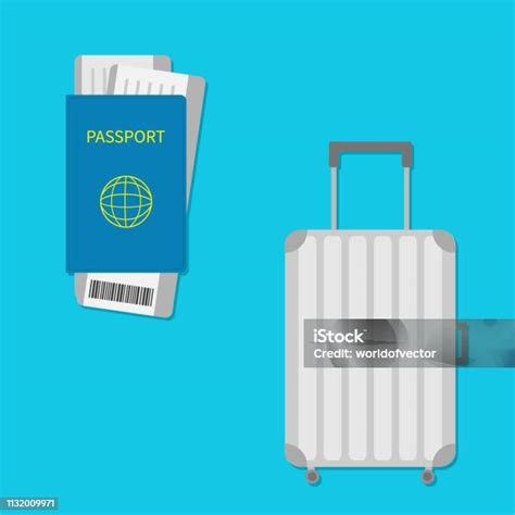 여권 바코드와 항공 탑승권 티켓 가방 아이콘입니다 여행 수하물 수화물 핸드백 여름 방학 계획 9 여행 승객의 경우 플랫 절연 파란색 배경입니다 가리기에 대한 스톡 벡터 아트