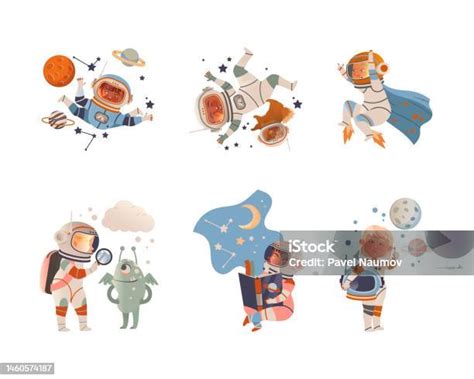 우주복을 입은 귀여운 어린이 우주비행사들이 우주 공간에 떠 있습니다 미래의 직업 벡터 일러스트 레이 션을 꿈꾸는 소년과 소녀 과학에 대한 스톡 벡터 아트 및 기타 이미지