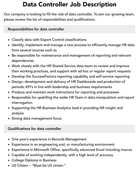 Data Controller Job Description Velvet Jobs