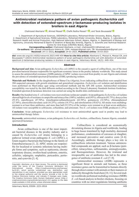 Pdf Antimicrobial Resistance Pattern Of Avian Pathogenic Escherichia Coli With Detection Of