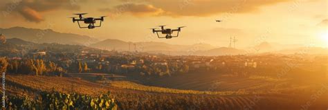 Automated Drones Controlled By Ai Flying Over A Sunset City And Farm Landscape Delivering Goods