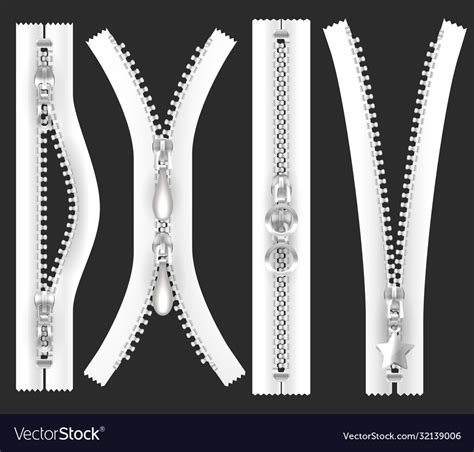 White Zipper With Metallic Silver Teeth And Hasp Vector Image