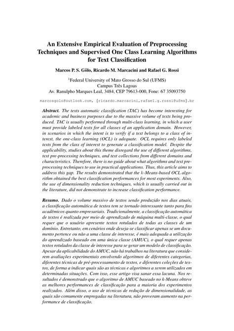 Pdf An Extensive Empirical Evaluation Of Preprocessing Techniques And Supervised One Class