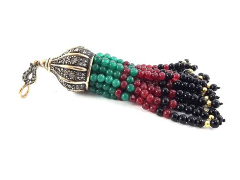 Large Long Black Red Green Jade Stone Beaded Tassel With Etsy