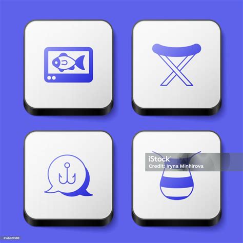 세트 어군 탐지기 음향측심기 캠핑 접이식 의자 낚시 바늘 및 그물 아이콘 흰색 사각형 버튼입니다 벡터 가구에 대한 스톡 벡터