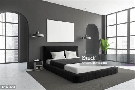 침대와 장식이 있는 회색 침실 인테리어 파노라마 창문 모형 프레임 0명에 대한 스톡 사진 및 기타 이미지 0명 3차원 형태 가구 Istock
