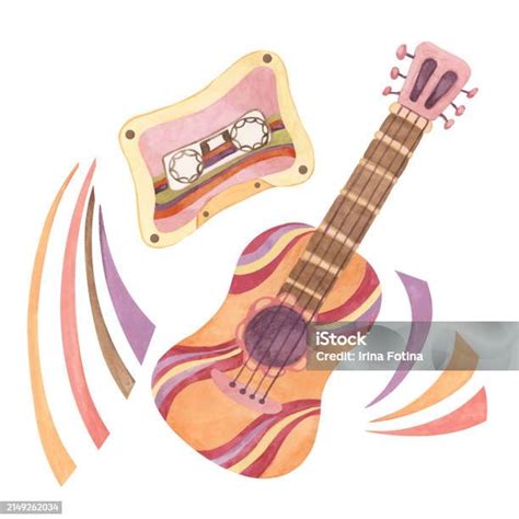 레트로 오디오 테이프와 기타 1970년대 스타일 히피 음악 문화 향수 클립 아트 수채화 그루비 일러스트 인쇄 스티커 전단지 티셔츠 1960 1969 년에 대한 스톡 벡터