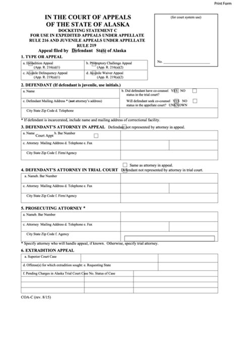Fillable In The Court Of Appeals Of The State Of Alaska Docketing Statement C For Use In
