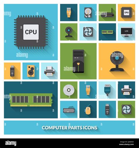 Computer Parts Decorative Icons Set With Processor Camera Keyboard Isolated Vector Illustration