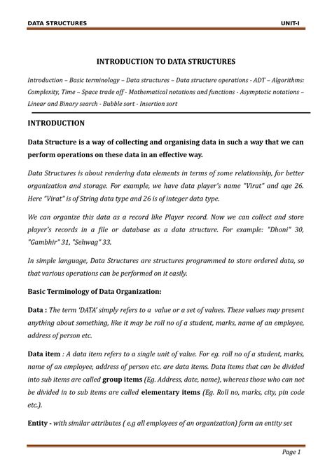 Classification Of Data Structure Data Structuresunit I Page 1 Introduction To Data Structures