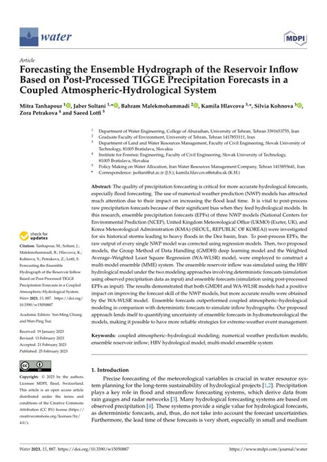 Pdf Forecasting The Ensemble Hydrograph Of The Reservoir Inflow Based On Post Processed Tigge