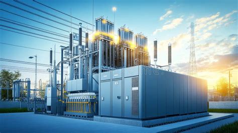 Modern Electrical Substation Under Blue Sky With Transformers Insulators And Power Lines