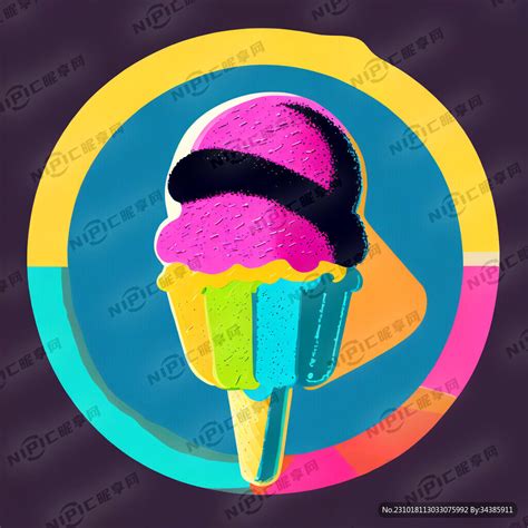 Ai创作图平面插画 五颜六色的冰淇凌 完整的画面 颜色鲜艳 黑色描边 昵图网