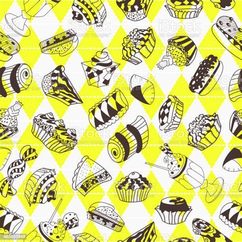 화려하 고 귀여운 손 그려진된 달콤한 사탕 도넛과 쿠키 원활한 패턴 벡터 개체 그룹에 대한 스톡 벡터 아트 및 기타 이미지 개체 그룹 귀여운 달콤한 음식 Istock