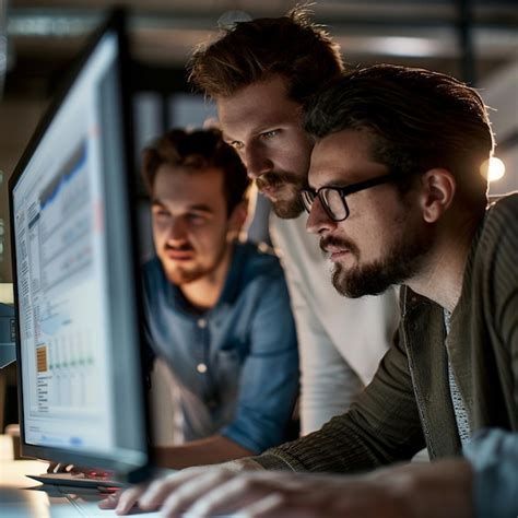 Closeup Of Computer Programmers Discussing Over Computer Monitor In