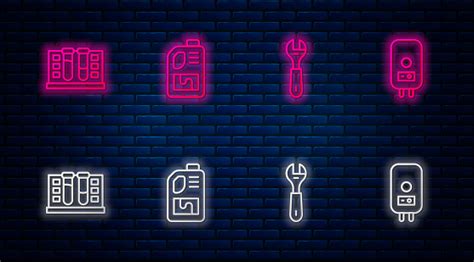 세트 라인 드레인 클리너 병 렌치 스패너 물 방울과 전기 보일러 테스트 튜브 벽돌 벽에 빛나는 네온 아이콘 벡터 가정 생활에 대한 스톡 벡터 아트 및 기타 이미지 Istock