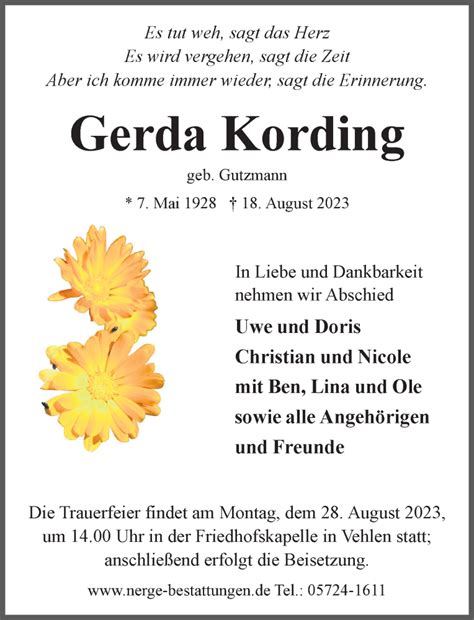 Traueranzeigen Von Gerda Kording Trauer Anzeigende