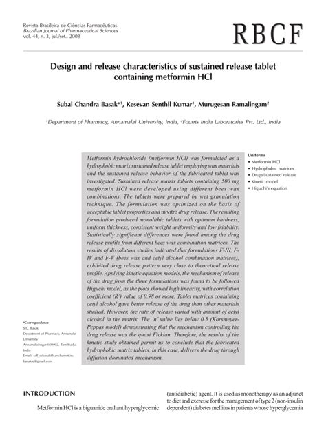 Pdf Design And Release Characteristics Of Sustained Release Tablet Containing Metformin Hcl